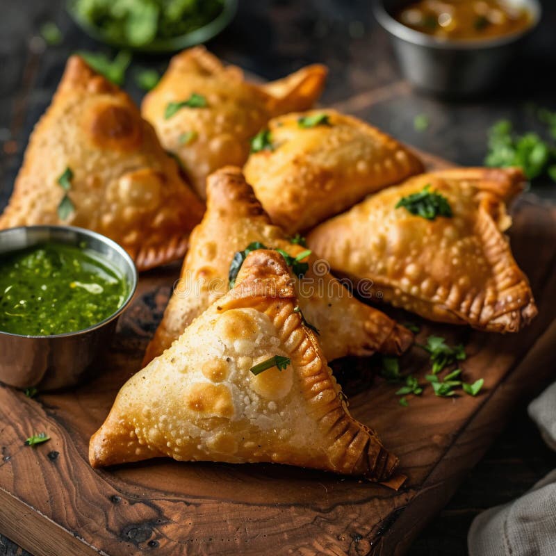 Delicious Indian Samosas on a Rustic Board with Chutney and Tamarind ...