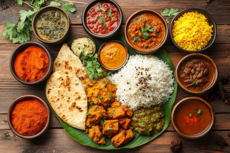 Delicious Indian Thali Served on Banana Leaf with Rice and Curry Stock ...