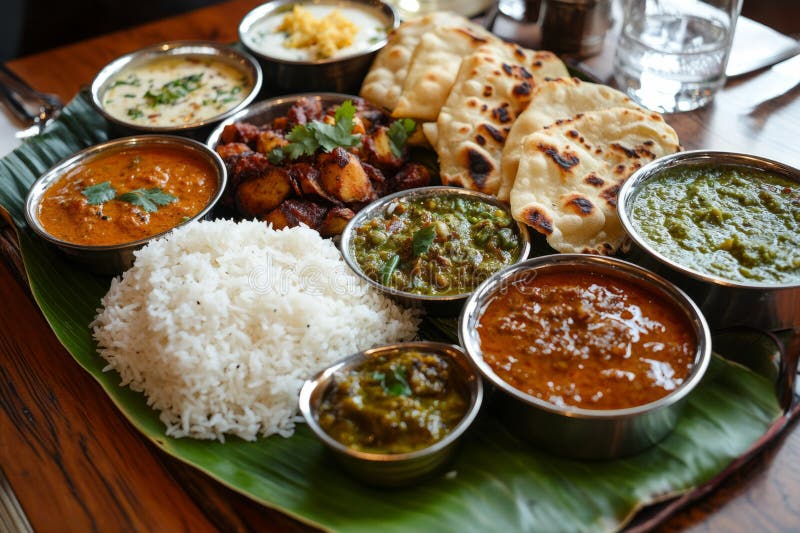 Delicious Indian Thali Served on Banana Leaf with Rice and Curry Stock ...