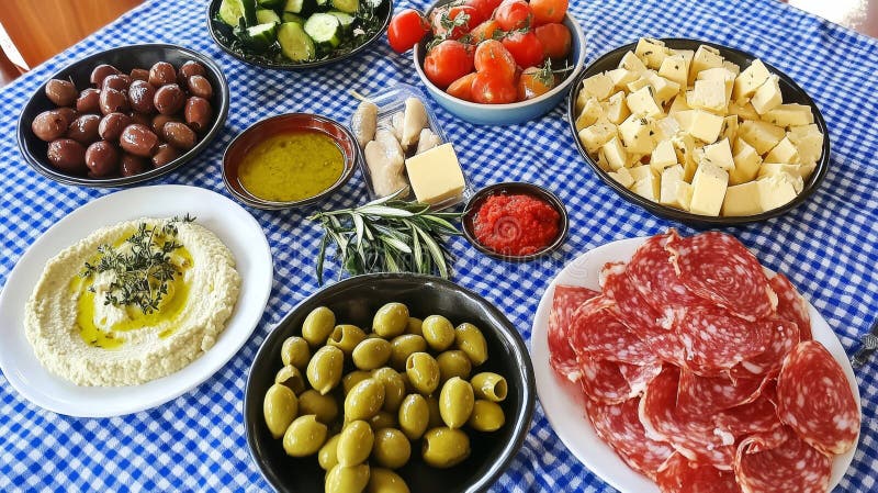 Delicious Italian Appetizers Spread on Blue Checkered Tablecloth ...