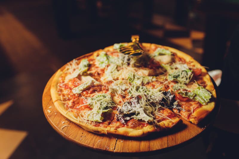 Delicious Italian Pizza Served on Wooden Table. Stock Image - Image of ...