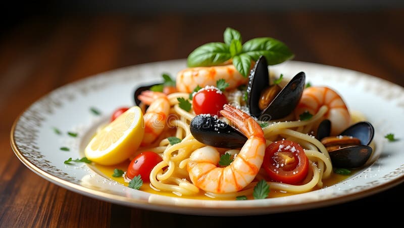 Delicious Italian Seafood Pasta with Cherry Tomatoes Stock Illustration ...