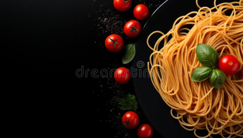Delicious Italian Spaghetti Pasta on Dark Plate with Copy Space for ...