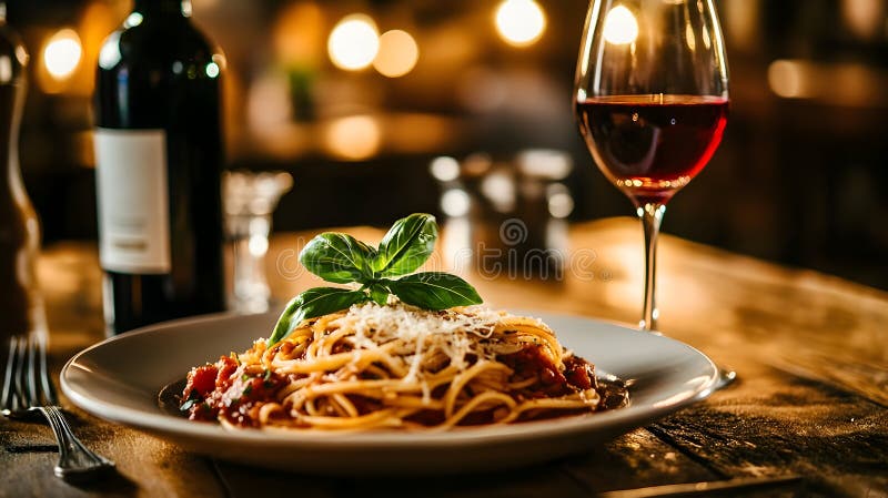 Delicious Italian Spaghetti with Tomato Sauce and Wine on Rustic Table ...