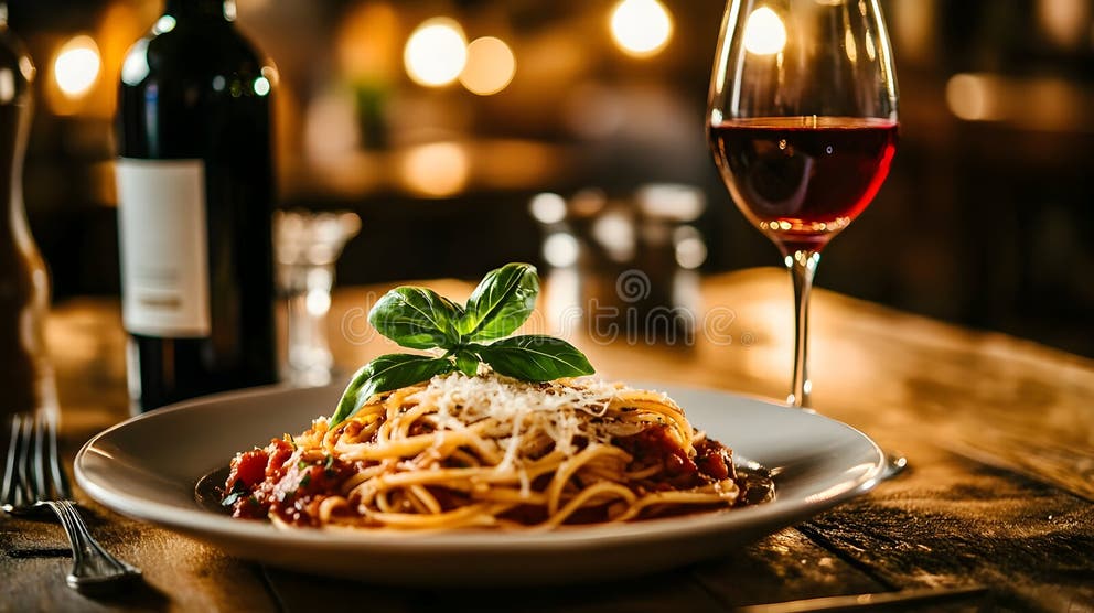 Delicious Italian Spaghetti with Tomato Sauce and Wine on Rustic Table ...