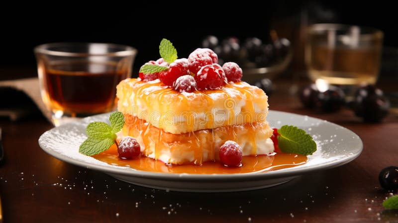 Delicious Japanese Souffle Pancake with Dice Mango and Jam on White ...