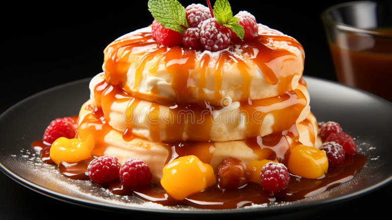 Delicious Japanese Souffle Pancake with Dice Mango and Jam on White ...