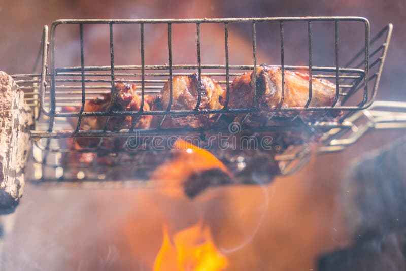 Delicious Juicy Meat on a Grill is Fried on a Fire Stock Image - Image ...