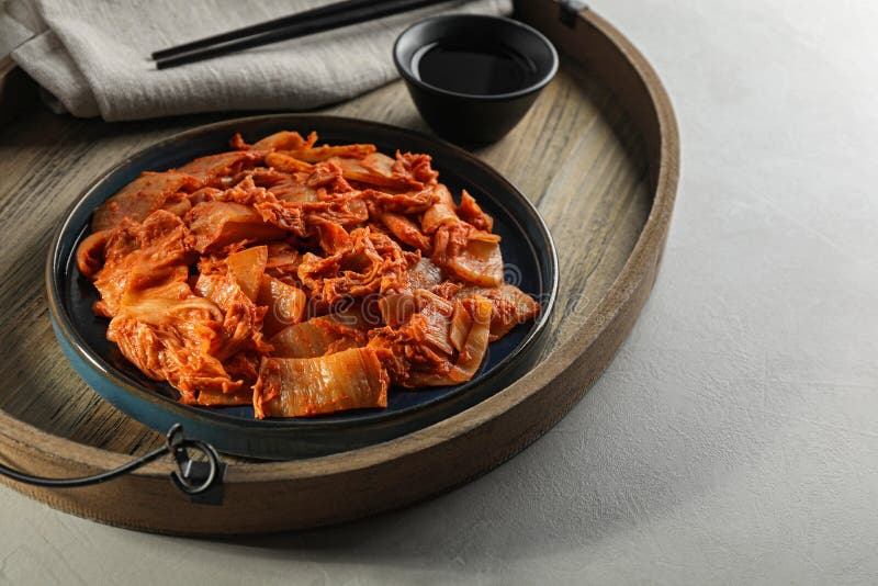 Delicious Kimchi with Chinese Cabbage and Sauce on White Table Stock ...