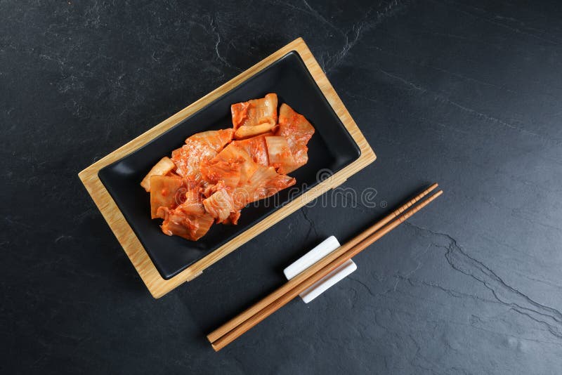 Delicious Kimchi with Chinese Cabbage Served on Grey Table, Flat Lay ...