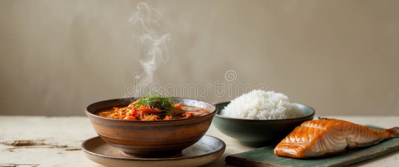 Delicious Kimchi Stew Served with Rice and Grilled Fish on a Rustic ...