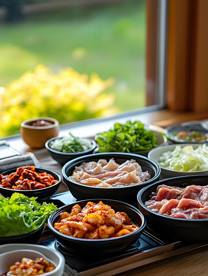 Delicious Korean BBQ Ingredients Marinated Meat Kimchi Vegetables Ready ...
