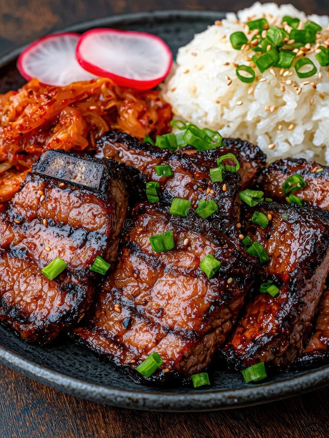 Delicious Korean Bbq Short Ribs with Rice and Kimchi Stock Illustration ...