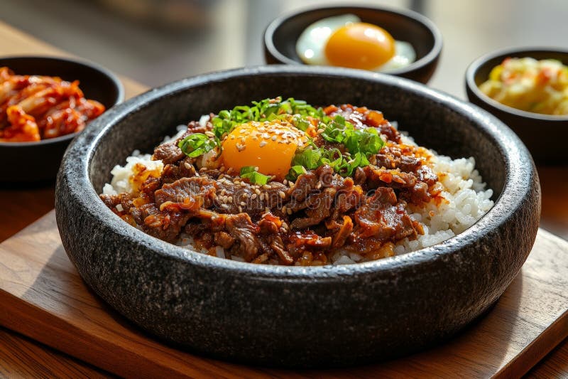 Delicious Korean Bibimbap with Beef and Egg in Stone Bowl Stock ...