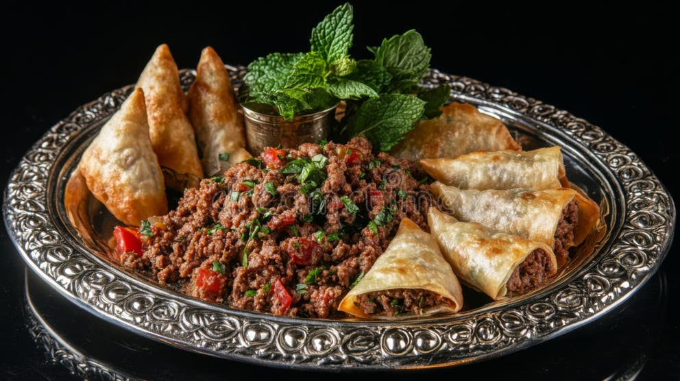 Delicious Lamb Kibbeh with Fried Pastry Triangles Stock Illustration ...