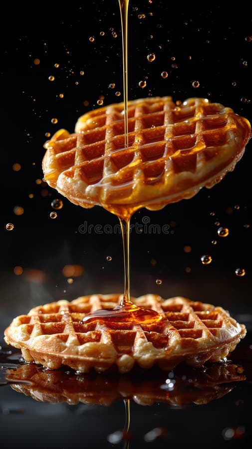 Delicious Large American Waffles Floating with Maple Syrup on a Dark ...