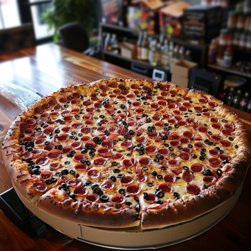 Delicious Large Pizza Ready To Enjoy on Your Desk Stock Photo - Image ...