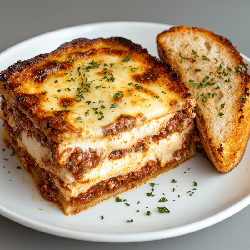 Delicious Lasagna with Garlic Bread Stock Illustration - Illustration ...