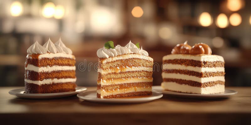 Delicious Layer Cakes Displayed on Plates in a Cozy Cafe Setting during ...
