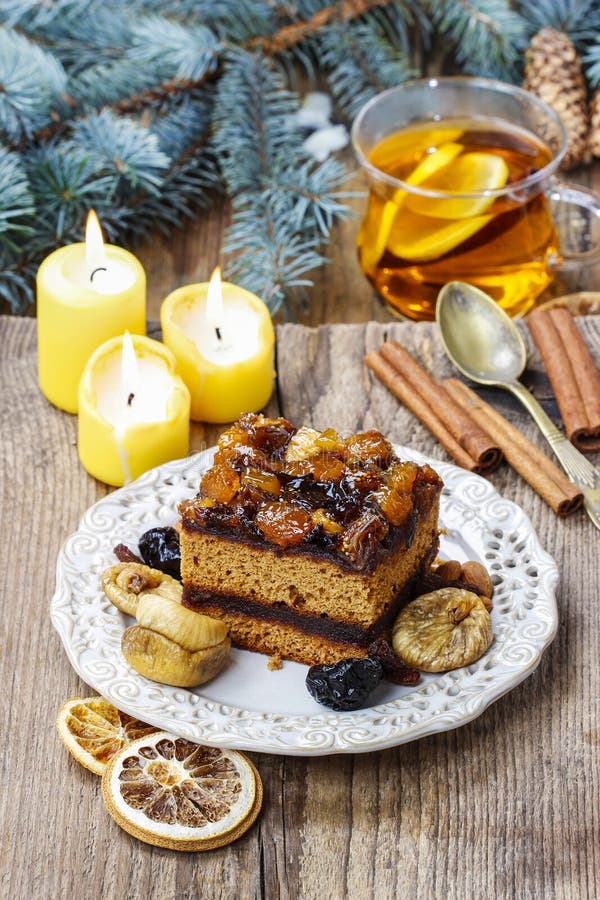 Delicious Layer Gingerbread Cake Decorated with Dried Fruits Stock ...