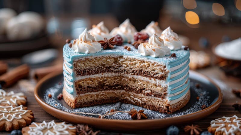 Delicious Layered Cake with Blue Icing and Whipped Cream - Generative ...