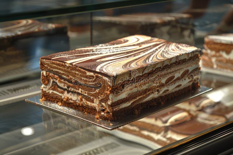 Delicious Layered Chocolate Marble Cake on Display at a Bakery Stock ...