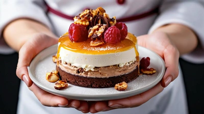 Delicious Layered Dessert with Raspberry, Nuts, and Caramel Topping ...