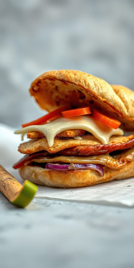 Delicious Layered Flatbread Sandwich with Cheese, Vegetables, and ...