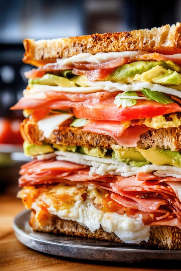 Delicious Layered Sandwich with Fresh Vegetables and Meats Stock Photo ...