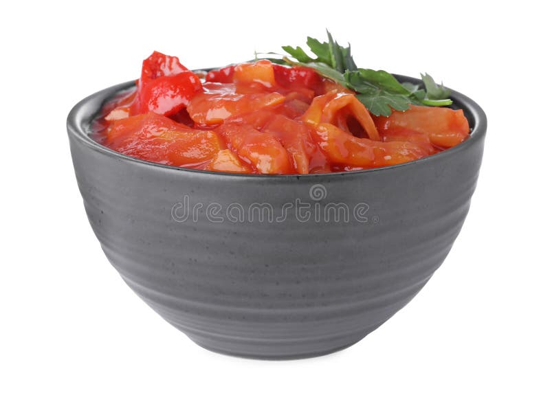 Delicious Lecho in Bowl Isolated on White Stock Photo - Image of bell ...