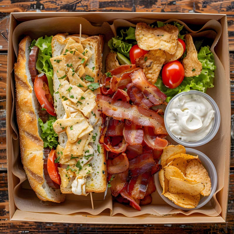 Delicious Lunch Box with Sandwiches, Bacon, and Chips Stock ...