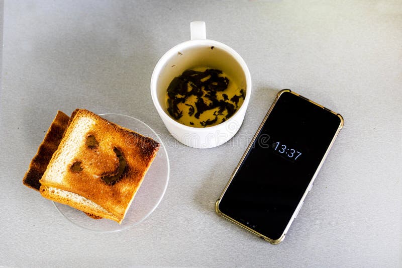Delicious Lunch with Hot Toaster and Tea, Snack. Flatlay Stock Photo ...