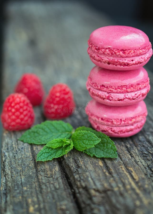 Delicious Macarons Raspberry Flavored with Fresh Raspberries and Stock ...