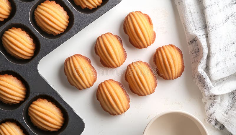 Delicious Madeleine Cookies and Baking Mold on White Table, Closeup ...
