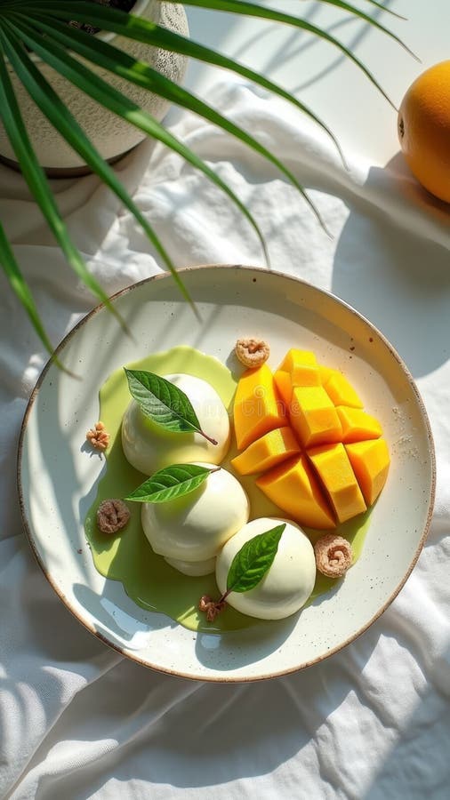 Delicious Mango and Dessert Plate with Fresh Green Garnish in Sunlit ...