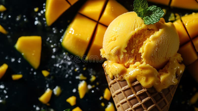 Delicious Mango Ice Cream Cone Surrounded by Fresh Cut Mango Stock ...