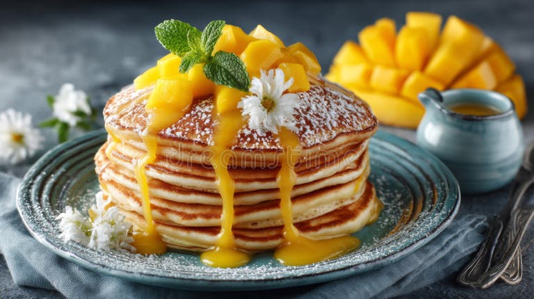 Delicious Mango Pancakes with Mint and Flowers Stock Illustration ...