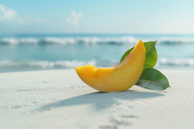 Delicious Mango Slice on the Beach. White Beach and Summer Background ...