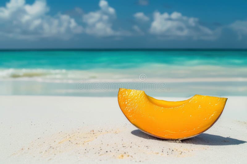 Delicious Mango Slice on the Beach. White Beach and Summer Background ...