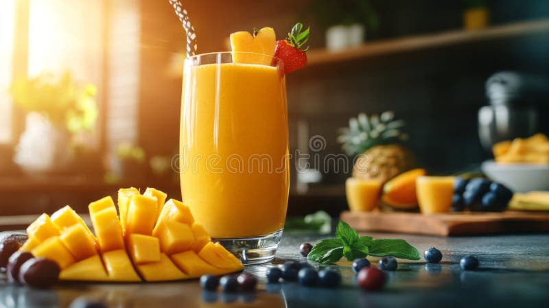 Delicious Mango Smoothie Garnished with Strawberry Stock Illustration ...