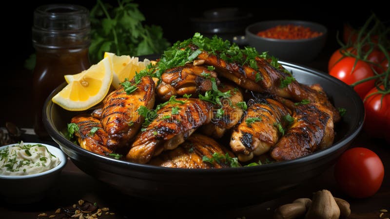 Delicious Marinated Chicken Claws in Bowl Garnished with Leafy Greens ...