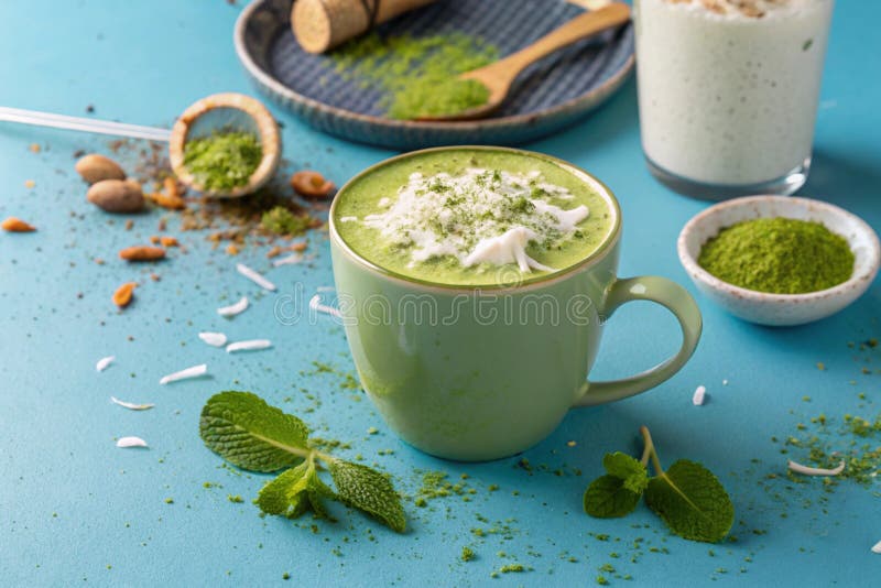 Delicious Matcha Latte with Powder Explosion and Toppings on a Vibrant ...
