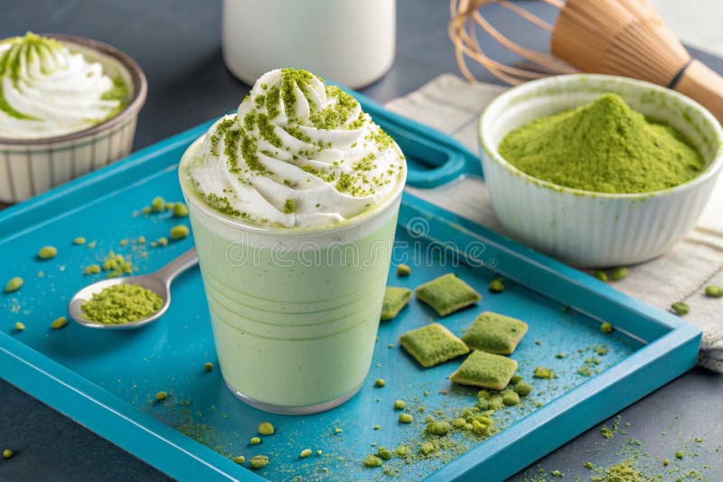 Delicious Matcha Latte with Powder Explosion and Toppings on a Vibrant ...