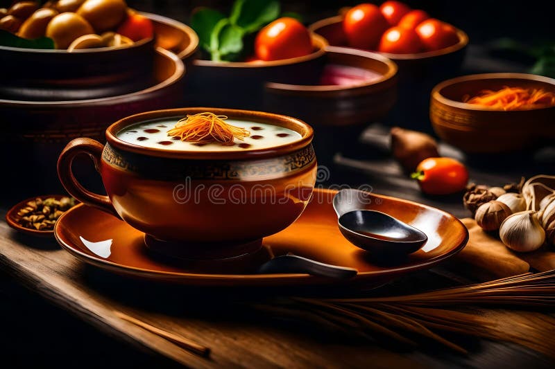 Delicious Meals Table with Steaming Soup in Focus Surrounded by an ...
