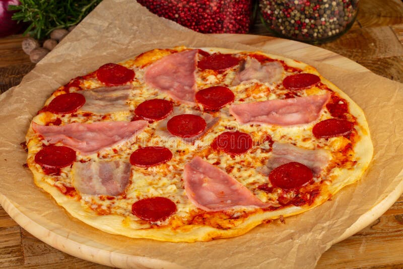 Delicious meat pizza stock photo. Image of meat, pizza - 129616836