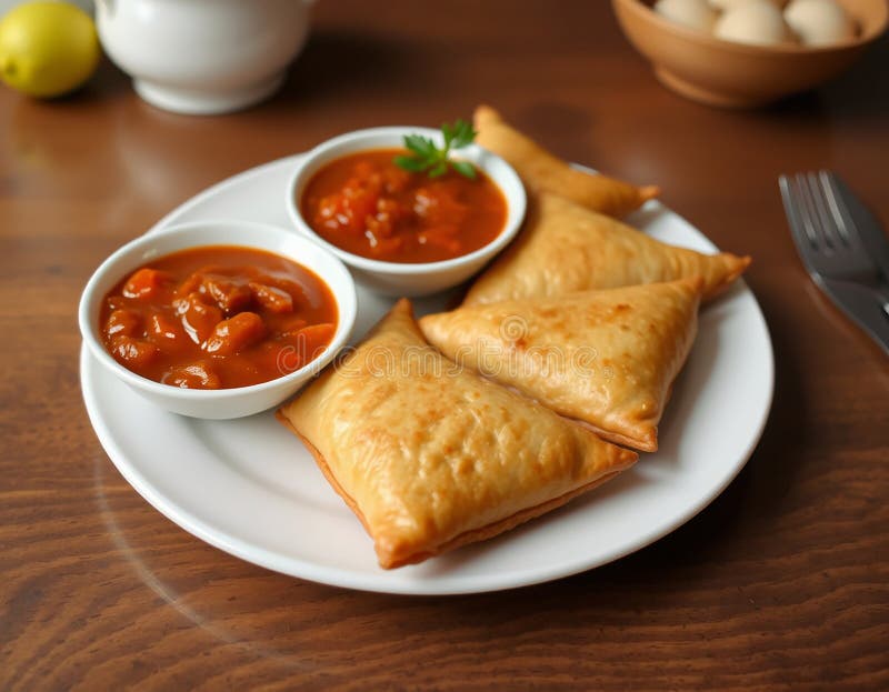 Delicious Meat Samosas and Red Sauce on Gray Background. Stock ...
