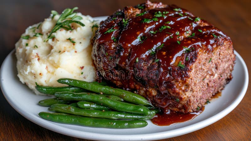 Delicious Meatloaf Dinner with Mashed Potatoes and Green Beans Stock ...