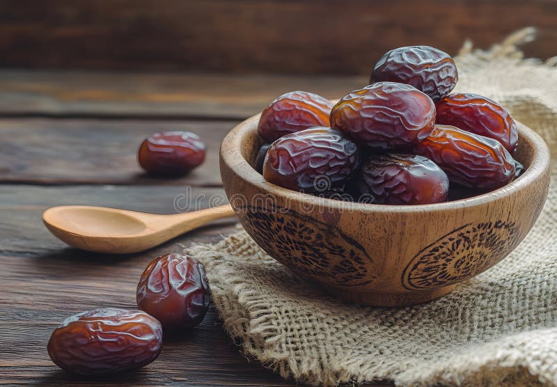 Delicious Medjool Dates in Wooden Bowl, Rustic Kitchen Setting Stock ...