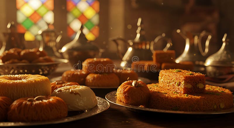 Delicious Middle Eastern Sweets Assortment on Silver Platters with Tea ...