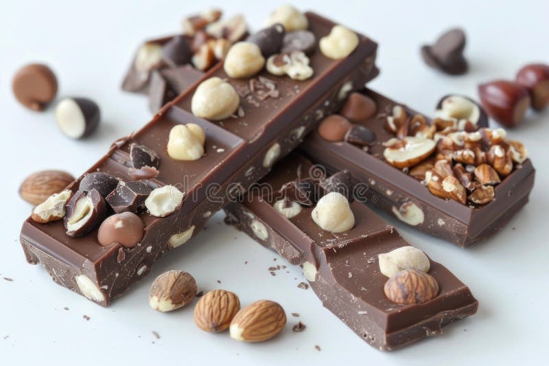 Delicious Milk Chocolate Bars Lying on White Table with Nuts Stock ...